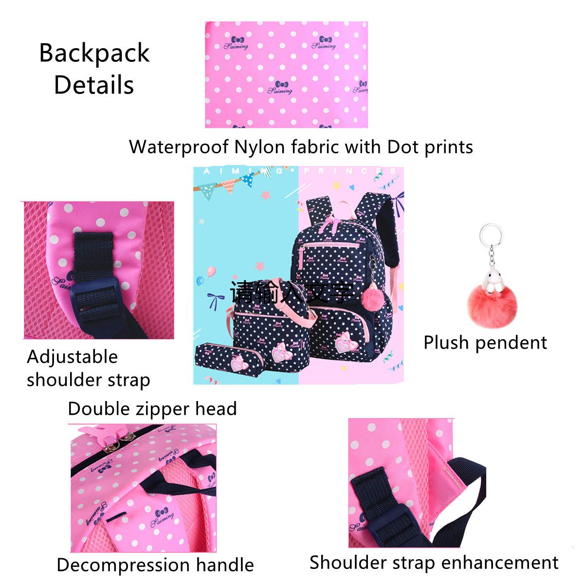 EKUIZAI 3Pcs Heart Prints Backpack Sets 3 in 1 Bowknot Primary Schoolbag Travel Daypack School Bag Kit Knapsack for Students Large