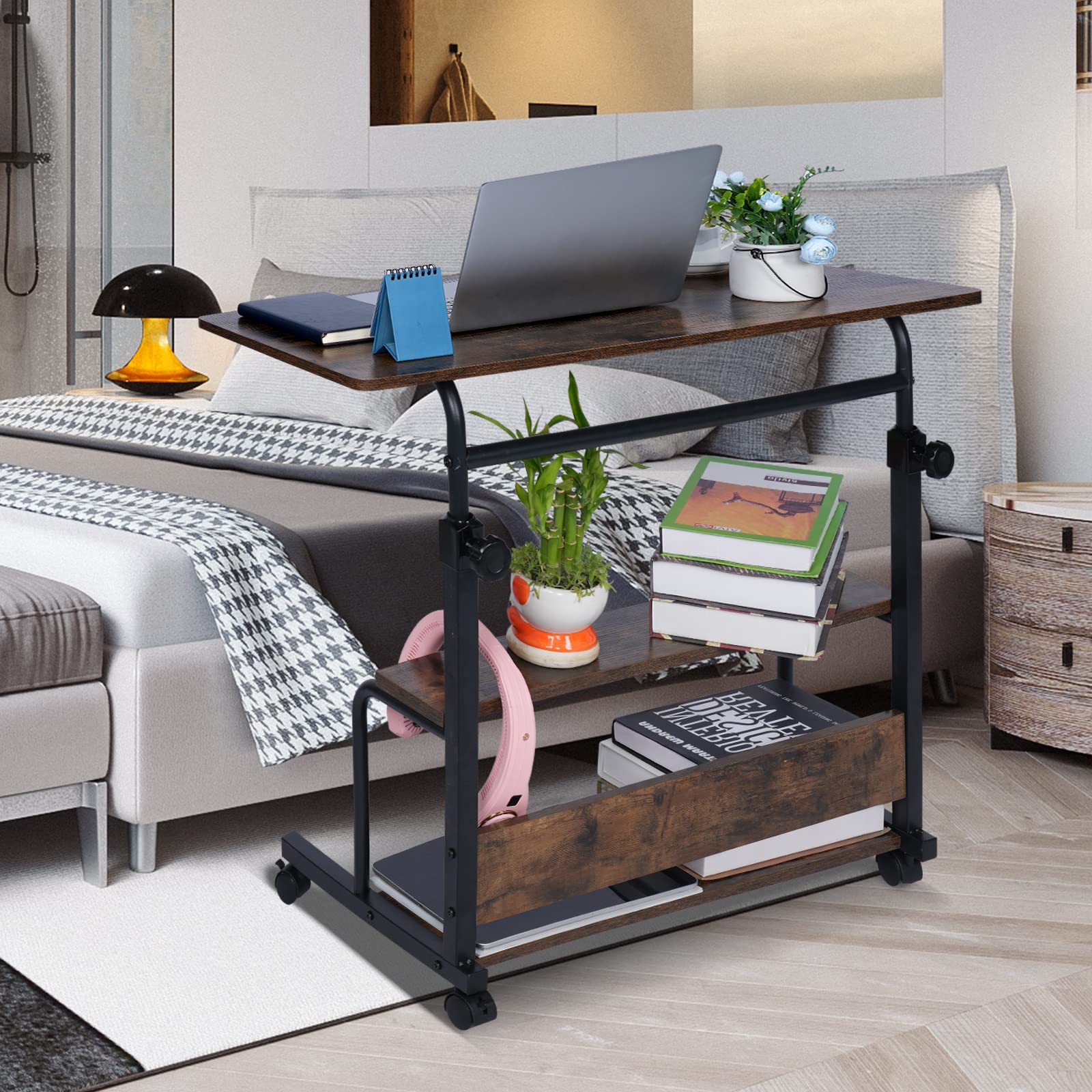 Portable Desk Small Desks for Small Spaces Laptop Table Rustic Rolling Adjustable Desk on Wheels Mobile Couch Desk for Bedroom Home Office Computer StandingĀ Desk Student Desk with Storage 32x16 Inch