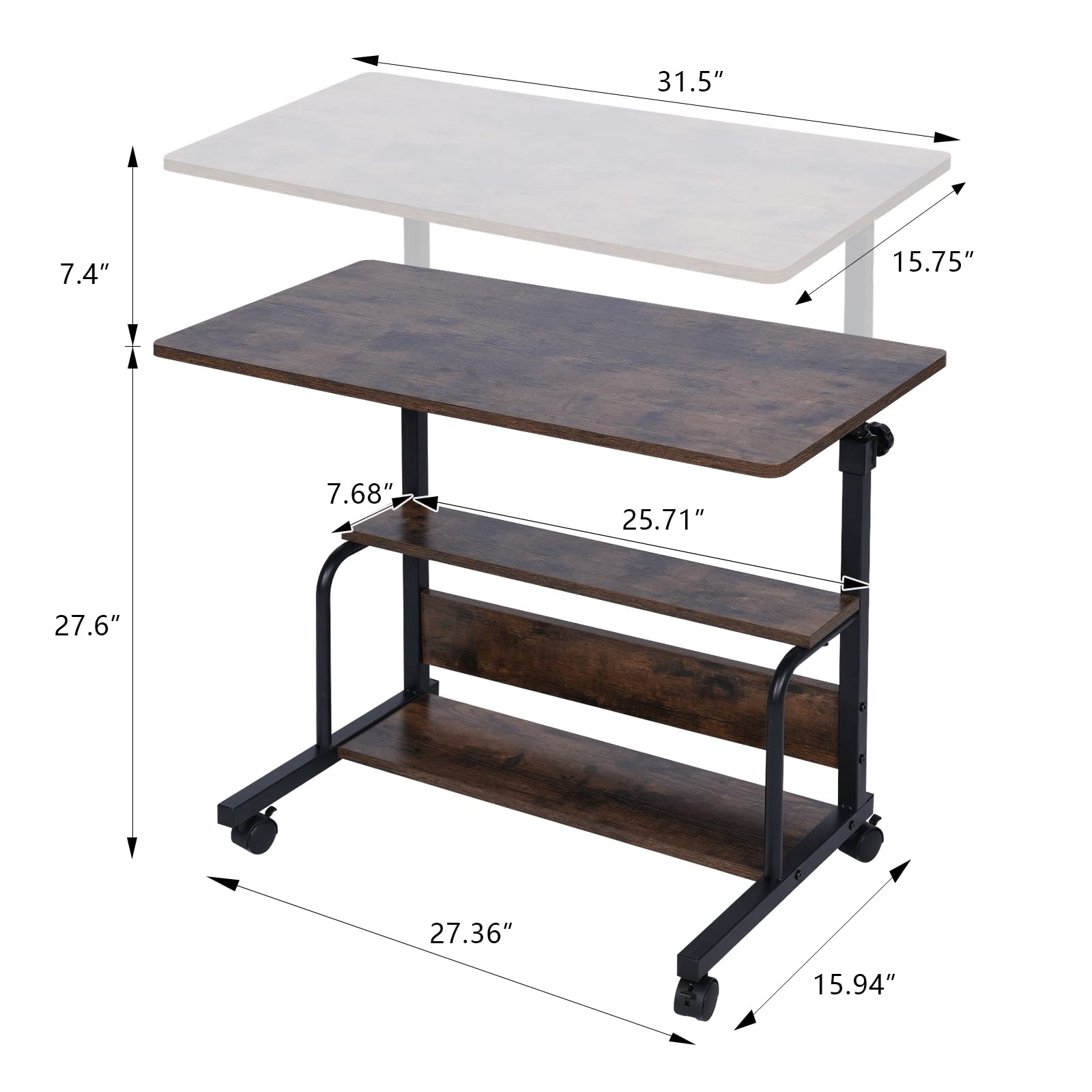 Portable Desk Small Desks for Small Spaces Laptop Table Rustic Rolling Adjustable Desk on Wheels Mobile Couch Desk for Bedroom Home Office Computer StandingĀ Desk Student Desk with Storage 32x16 Inch