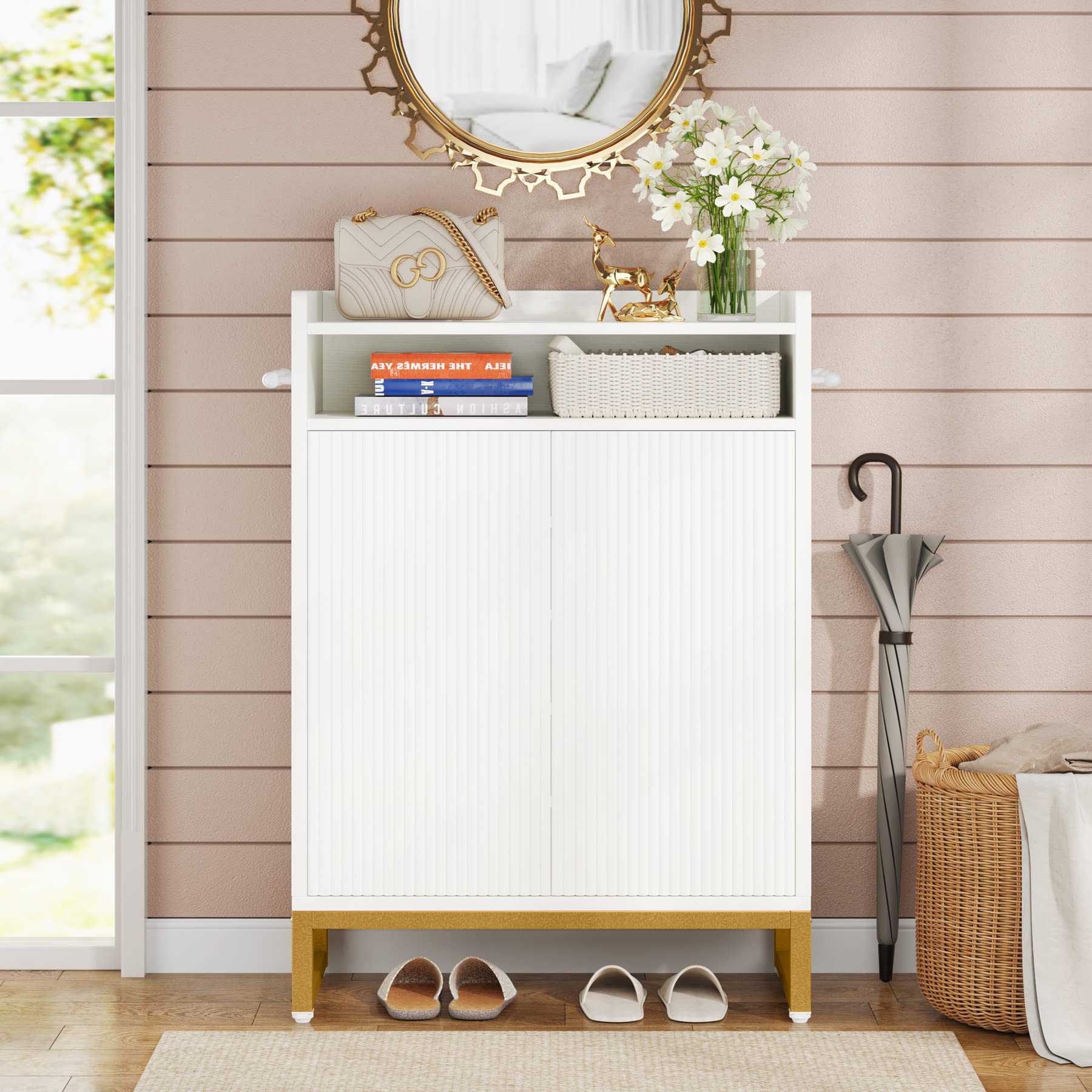 Tribesigns Shoe Cabinet 5-Tier Shoe Storage Cabinet with Open Shelves & Hooks, Freestanding Wooden Shoe Rack Storage Modern Shoe Organizer for Entryway, Hallway (White & Gold)