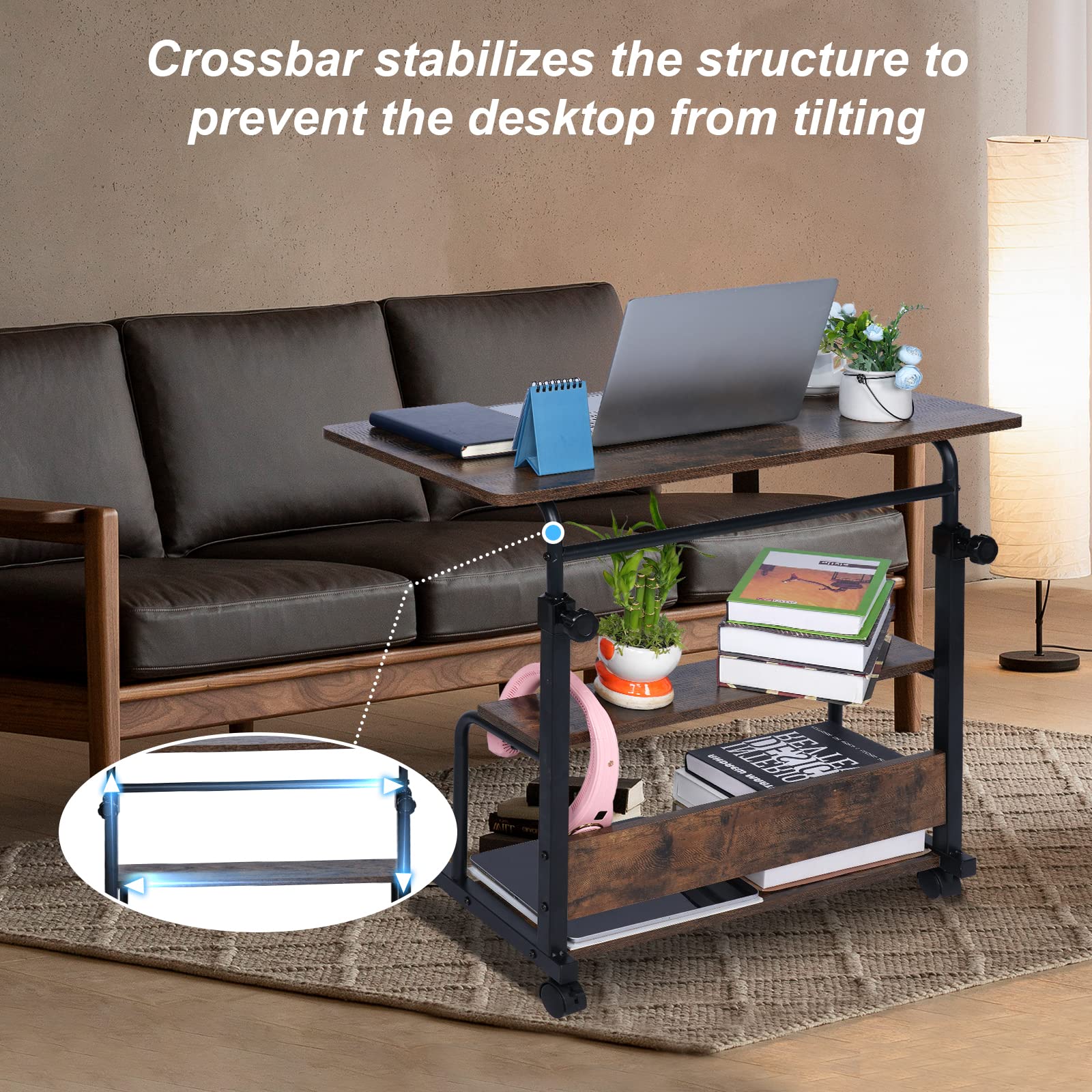 Portable Desk Small Desks for Small Spaces Laptop Table Rustic Rolling Adjustable Desk on Wheels Mobile Couch Desk for Bedroom Home Office Computer StandingĀ Desk Student Desk with Storage 32x16 Inch