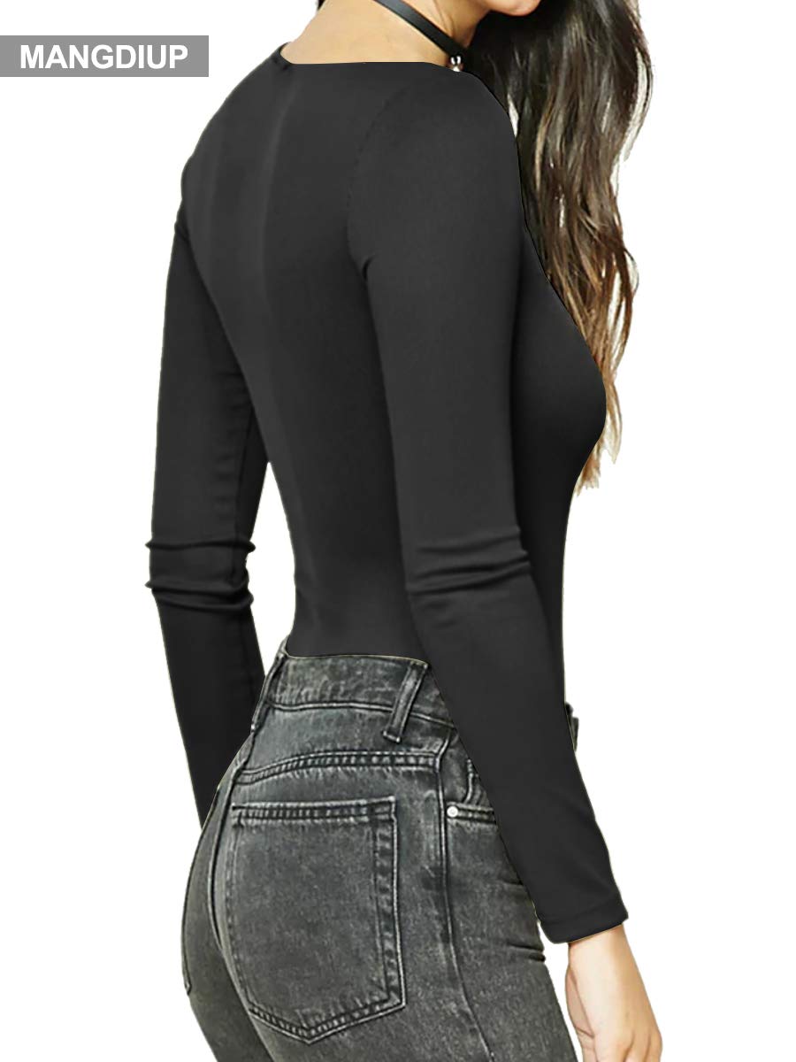 MANGDIUP Women's Round Collar Long Sleeve Elastic Bodysuit Jumpsuit (Black, XXL)