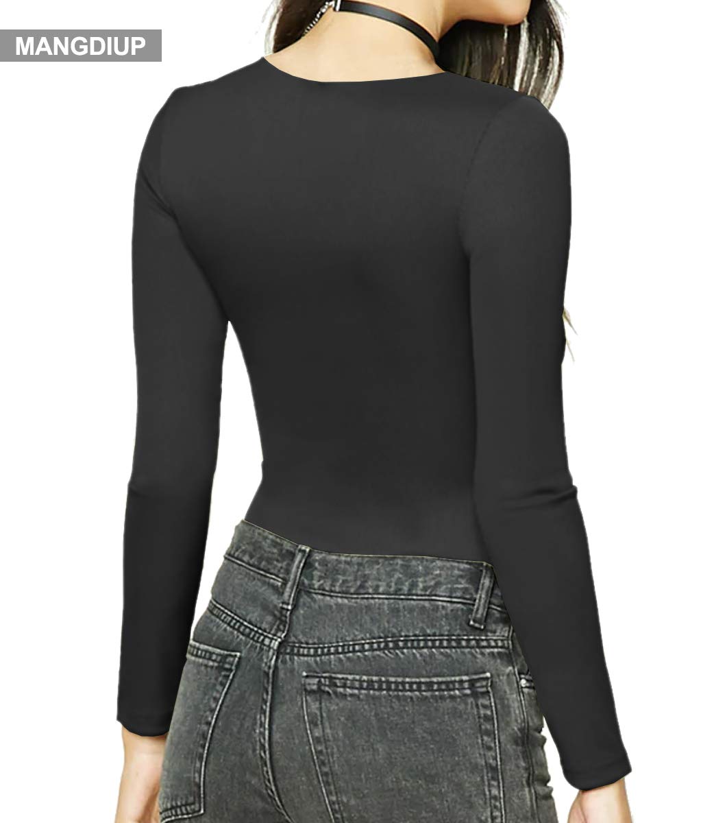 MANGDIUP Women's Round Collar Long Sleeve Elastic Bodysuit Jumpsuit (Black, XXL)