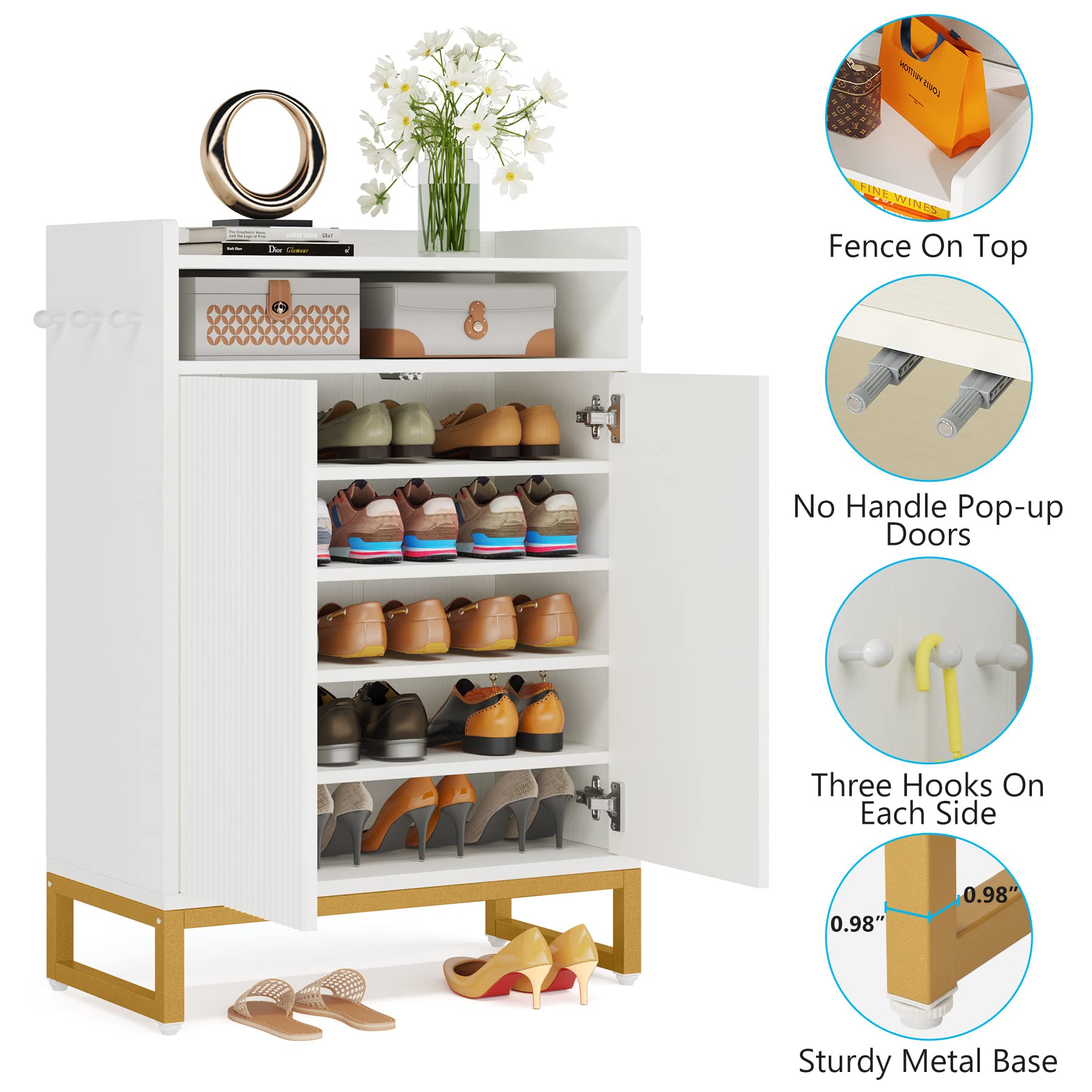 Tribesigns Shoe Cabinet 5-Tier Shoe Storage Cabinet with Open Shelves & Hooks, Freestanding Wooden Shoe Rack Storage Modern Shoe Organizer for Entryway, Hallway (White & Gold)