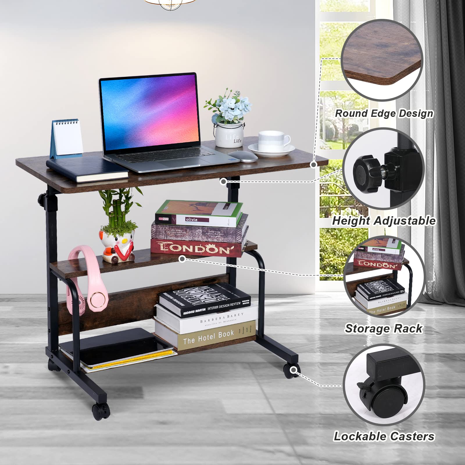 Portable Desk Small Desks for Small Spaces Laptop Table Rustic Rolling Adjustable Desk on Wheels Mobile Couch Desk for Bedroom Home Office Computer StandingĀ Desk Student Desk with Storage 32x16 Inch
