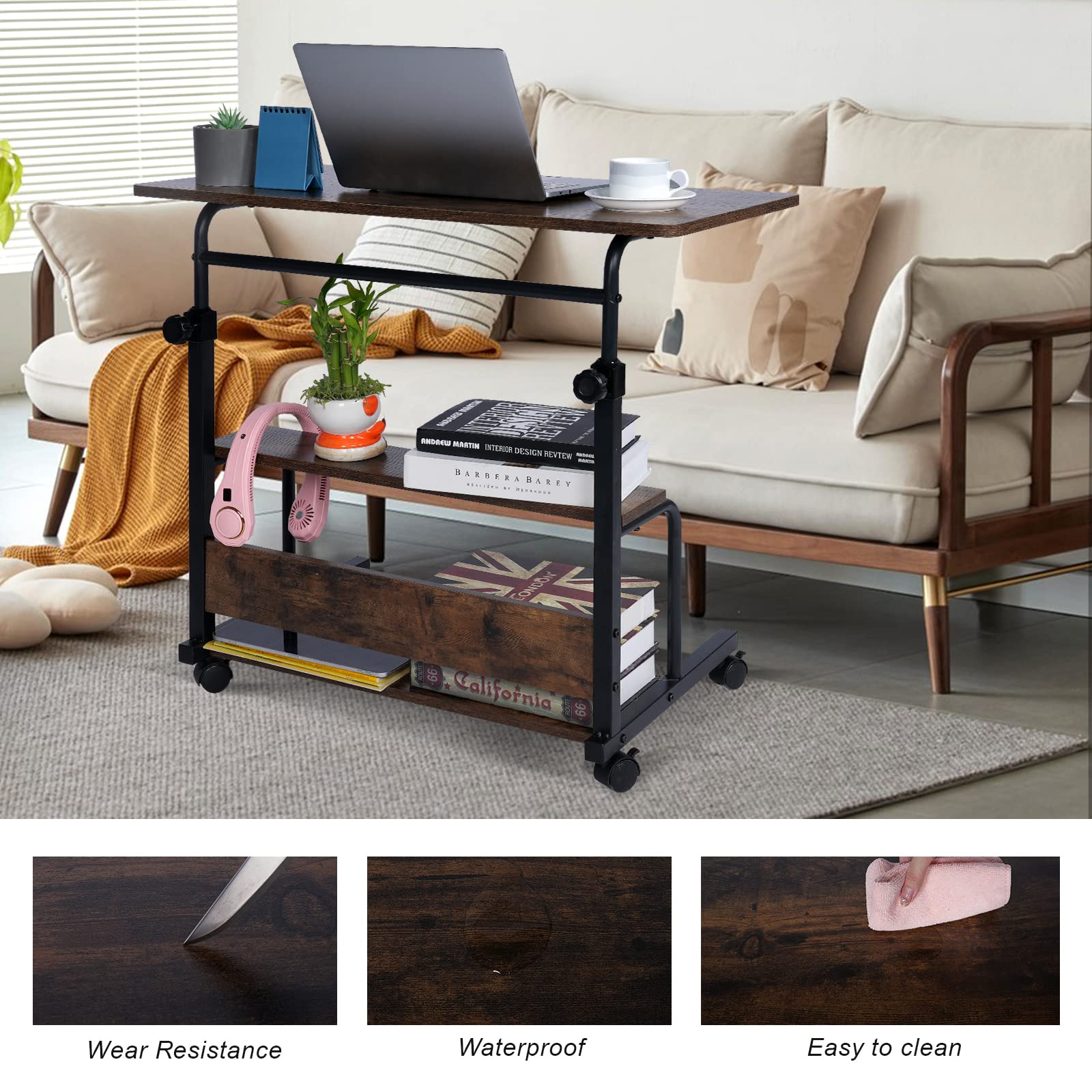 Portable Desk Small Desks for Small Spaces Laptop Table Rustic Rolling Adjustable Desk on Wheels Mobile Couch Desk for Bedroom Home Office Computer StandingĀ Desk Student Desk with Storage 32x16 Inch