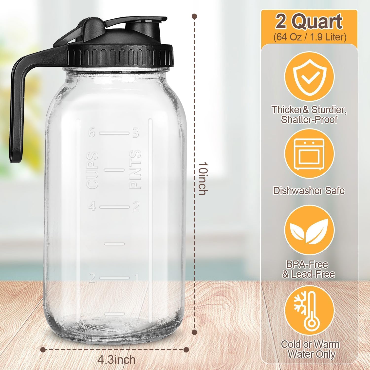 Ucraft Kitchen Glass Pitcher with Lid - 2 Quart (64oz) - wide mouth Mason Jar Water Jug, Airtight & Leak-proof jar, Heavy duty glass container for Cold Brew Iced Coffee, milk, Tea, and Ice Juices