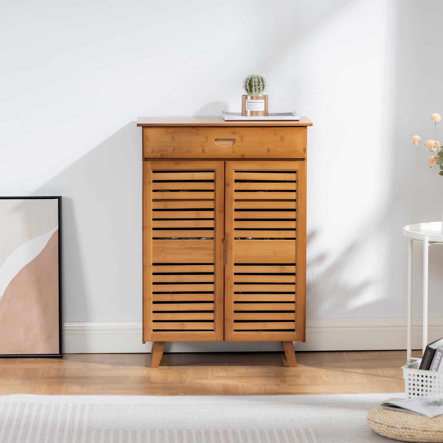 SOBIBO Shoe Storage Cabinet, Bamboo Shoe Organizer with Drawer and Doors, Shoe Cabinet with 2 Doors for Entryway, 4 Tier Shoe Storage Cabinet for Closet, Living Room, Bedroom