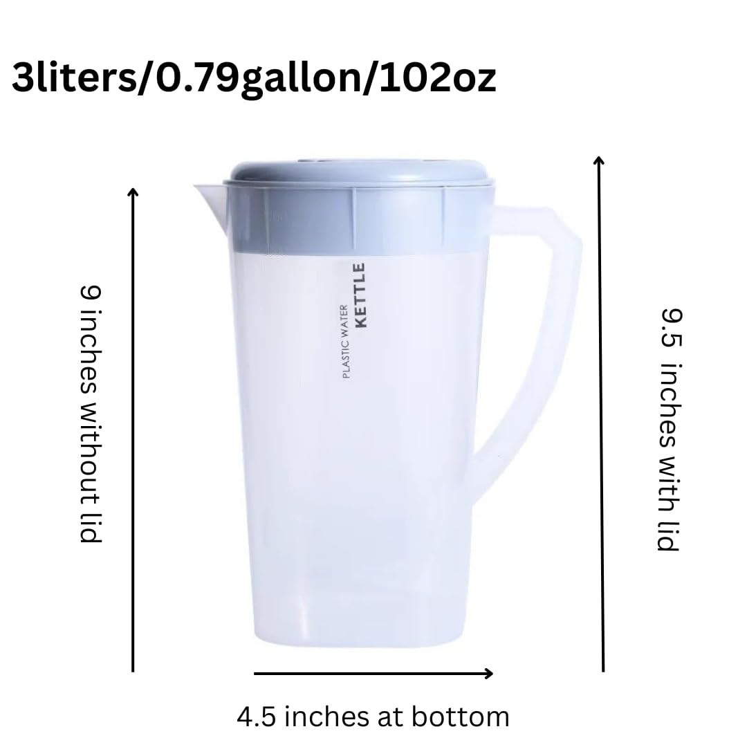 3 Litre/0.79 Gallon Plastic Pitcher with LidBPA-FREE Eco-Friendly juice containers with lids Water Jug for Hot/Cold Juice Beverage Ice Tea Kettle 102 oz Transparent