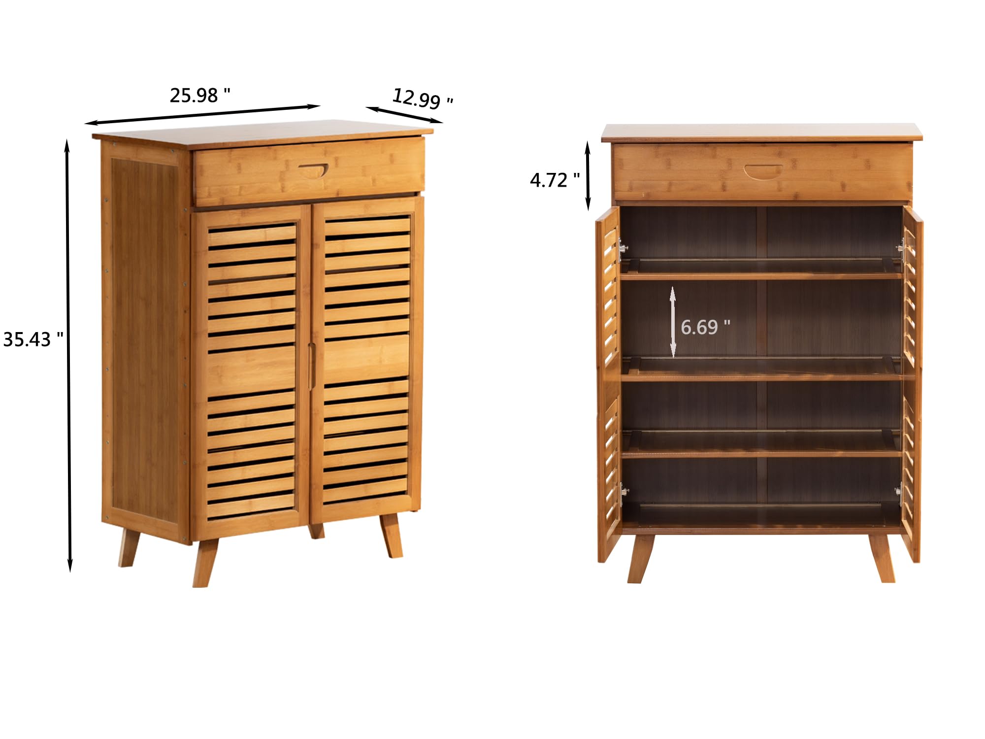 SOBIBO Shoe Storage Cabinet, Bamboo Shoe Organizer with Drawer and Doors, Shoe Cabinet with 2 Doors for Entryway, 4 Tier Shoe Storage Cabinet for Closet, Living Room, Bedroom