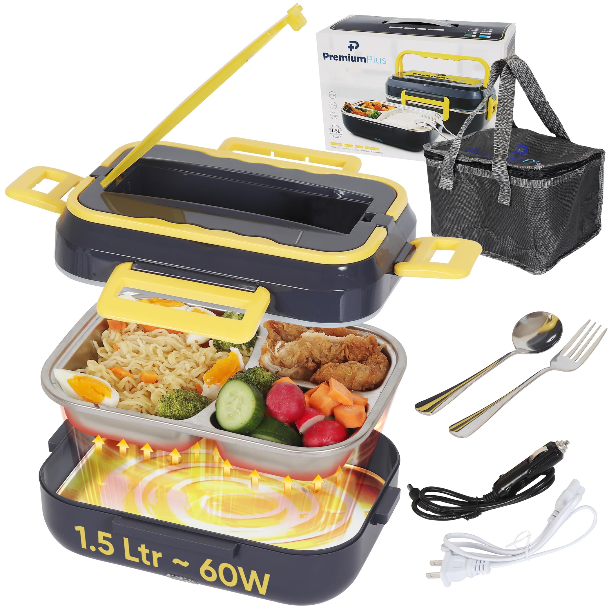 PREMIUMPLUS Electric Lunch Box Food Heater- Portable Food Warmer with Carrying Bag, Fork & Spoon- Lunch Box Warmer Portable for Work Car Truck- 1.5L Crockpot Lunch Warmer- 60W 12V/24V/110V (Purple)