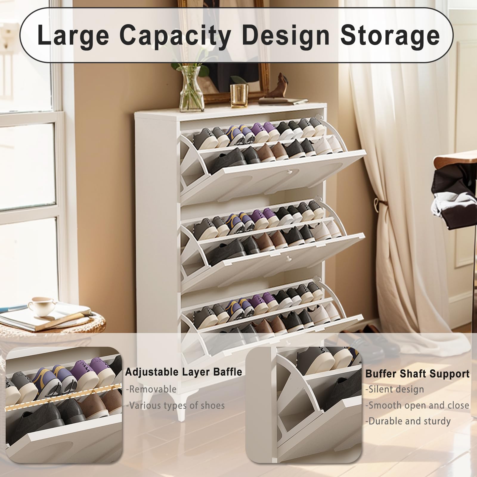 Modern Shoe Cabinet with 3 Flip Drawers,Adjustable Slim Freestanding Narrow Shoe Rack Tipping Bucket Shoe Cabinet with Door Open Shelves for Entryway