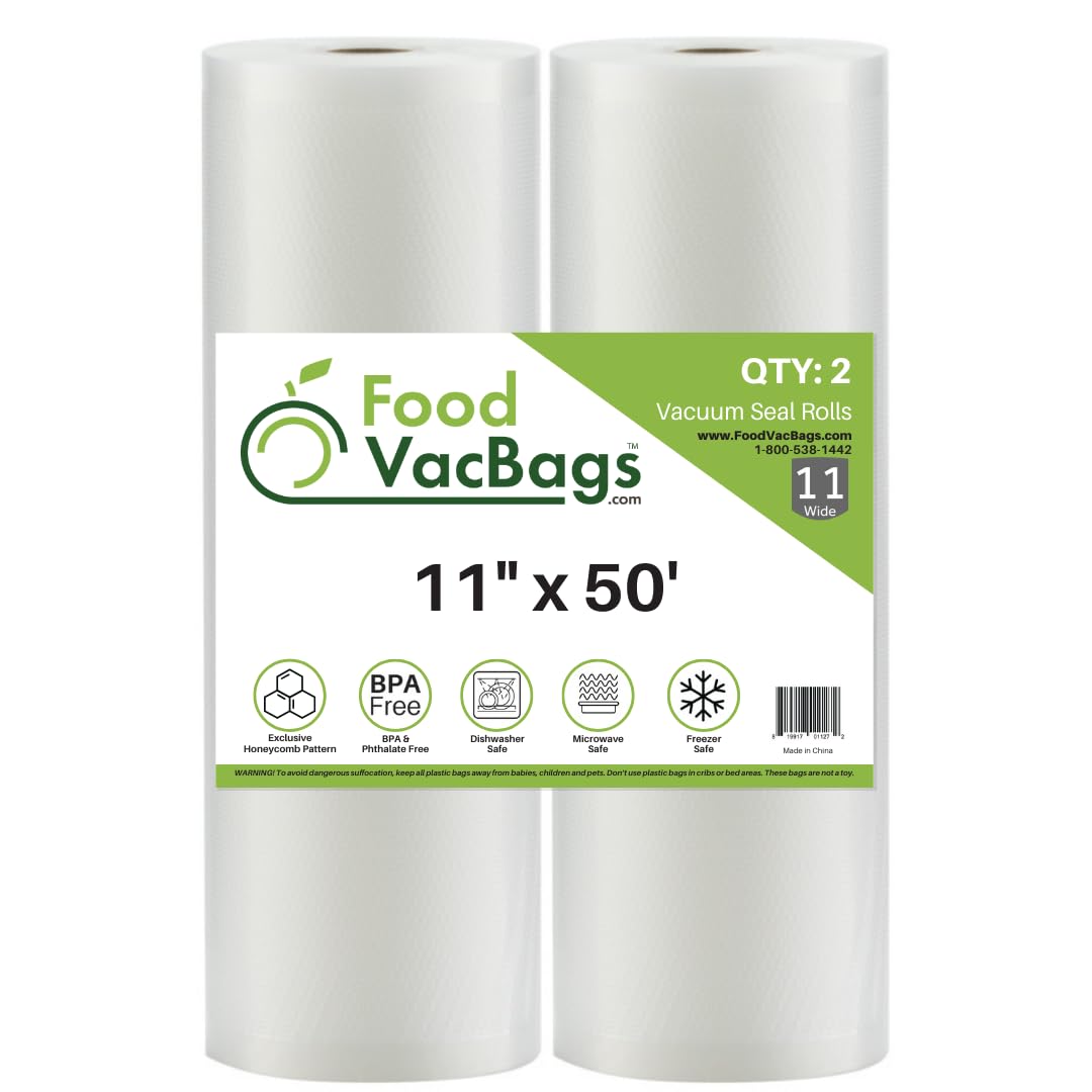 2 Rolls 11-Inch-by-50-Foot Vacuum Food Sealer Bags - Compatible with Foodsaver - Embossed Commercial Grade FoodVacBags Make Own Size for Sous Vide or Storage