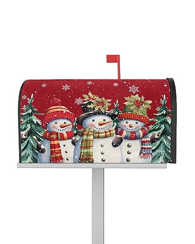 Christmas Tree Snowman Mailbox Cover Magnetic Red Christmas Snowman with Hat Post Box Cover Waterproof Durable Mailbox Wraps for Farmhouse Outdoor Garden Home Decor Standard Size 21 X 18in
