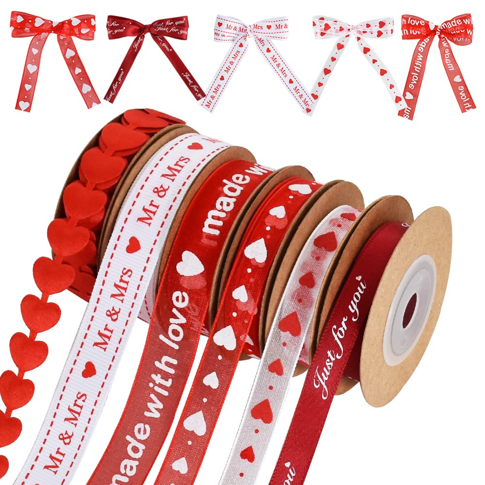 6 Rolls Valentine's Day Ribbon Set Organza Love Heart Printed Grosgrain Satin Ribbon for Wreaths Bows DIY, Gift Wrapping, Wreath, Wedding Decorations on Valentine's Day (98.4 Ft ,33Yards)