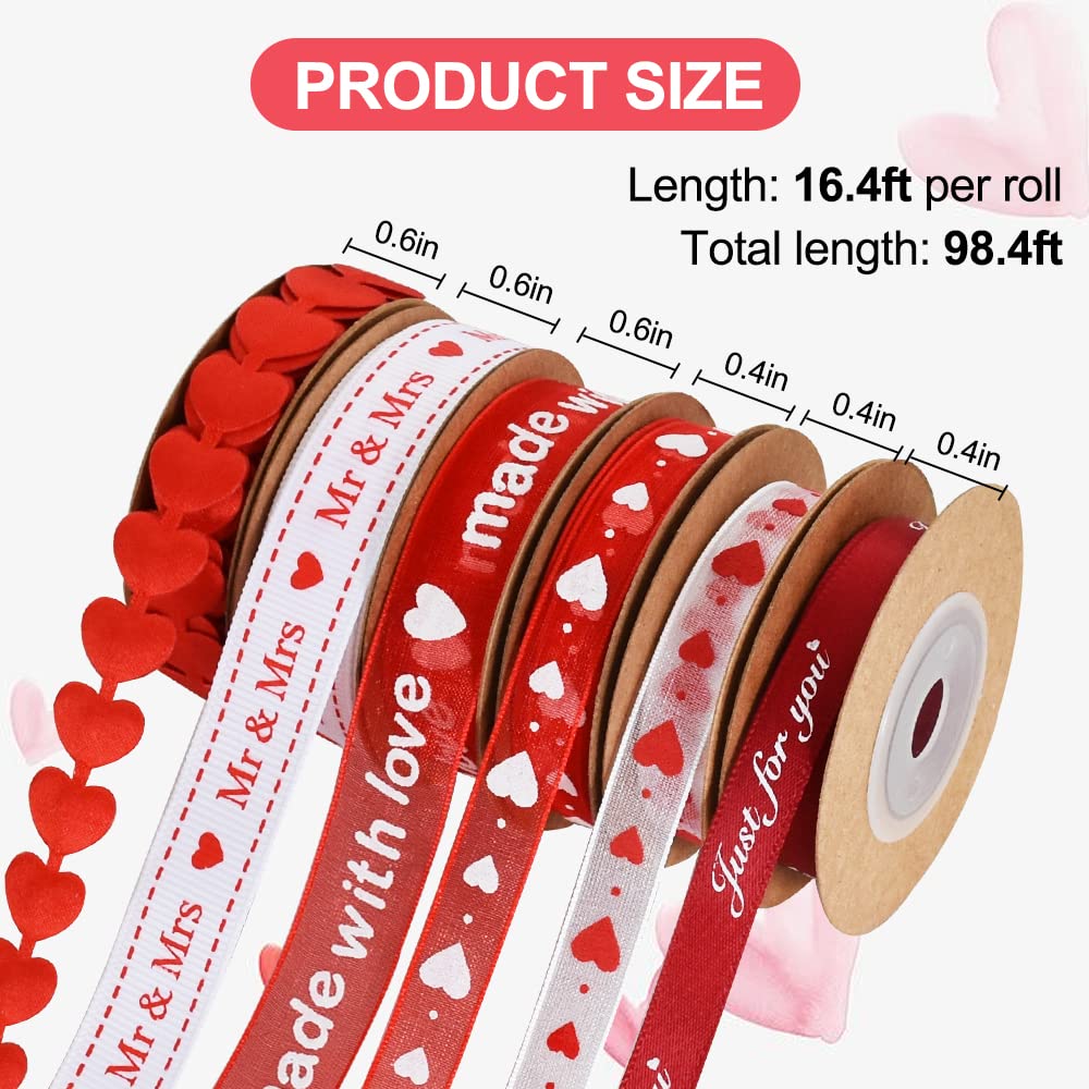 6 Rolls Valentine's Day Ribbon Set Organza Love Heart Printed Grosgrain Satin Ribbon for Wreaths Bows DIY, Gift Wrapping, Wreath, Wedding Decorations on Valentine's Day (98.4 Ft ,33Yards)