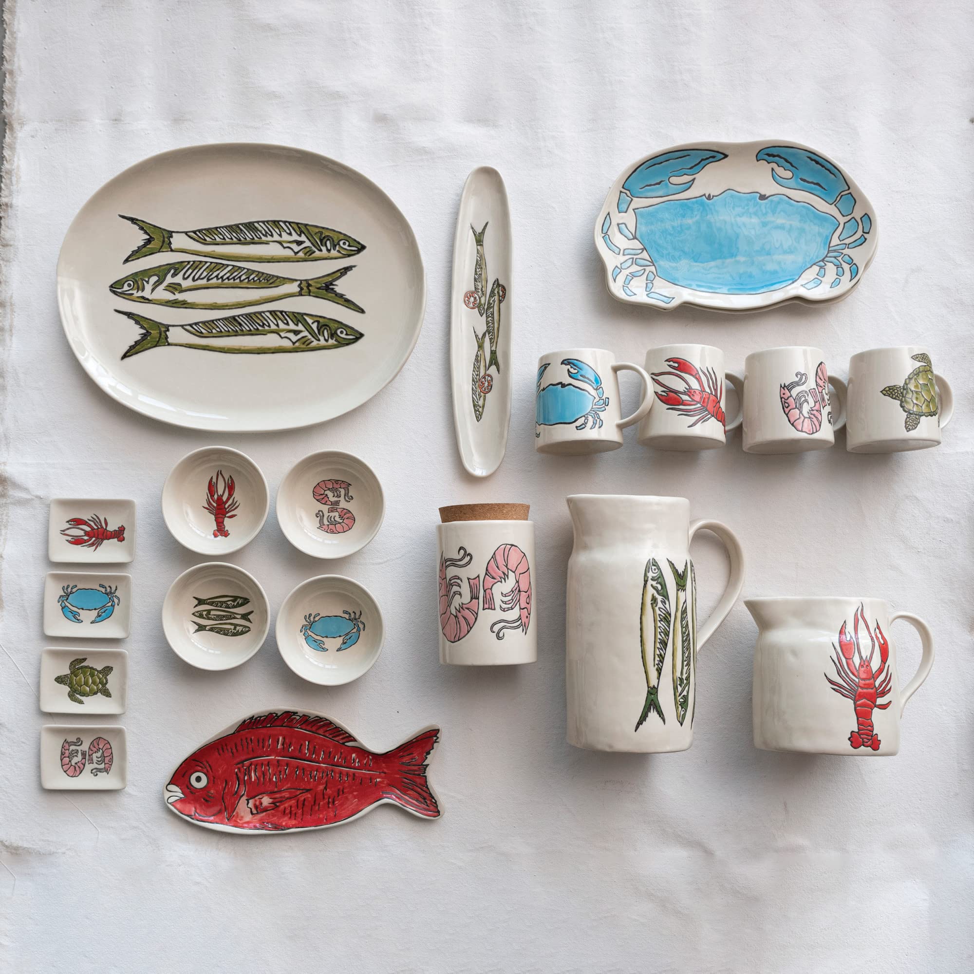 Creative Co-Op Coastal Stoneware Pitcher with Painted Fish, Multicolor