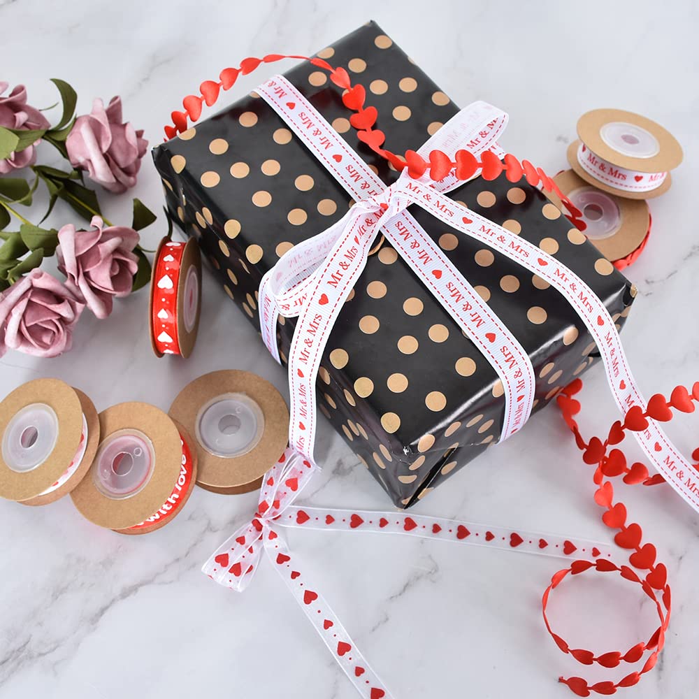 6 Rolls Valentine's Day Ribbon Set Organza Love Heart Printed Grosgrain Satin Ribbon for Wreaths Bows DIY, Gift Wrapping, Wreath, Wedding Decorations on Valentine's Day (98.4 Ft ,33Yards)