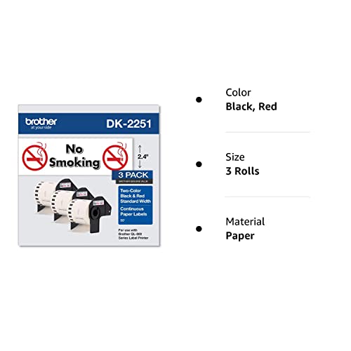 Brother Genuine DK-22513PK Continuous Length Replacement Labels, Black/Red Label on White Paper Tape, Engineered with Excellence, 2.4†x 50 feet, (3) Rolls per Box (DK22513PK)