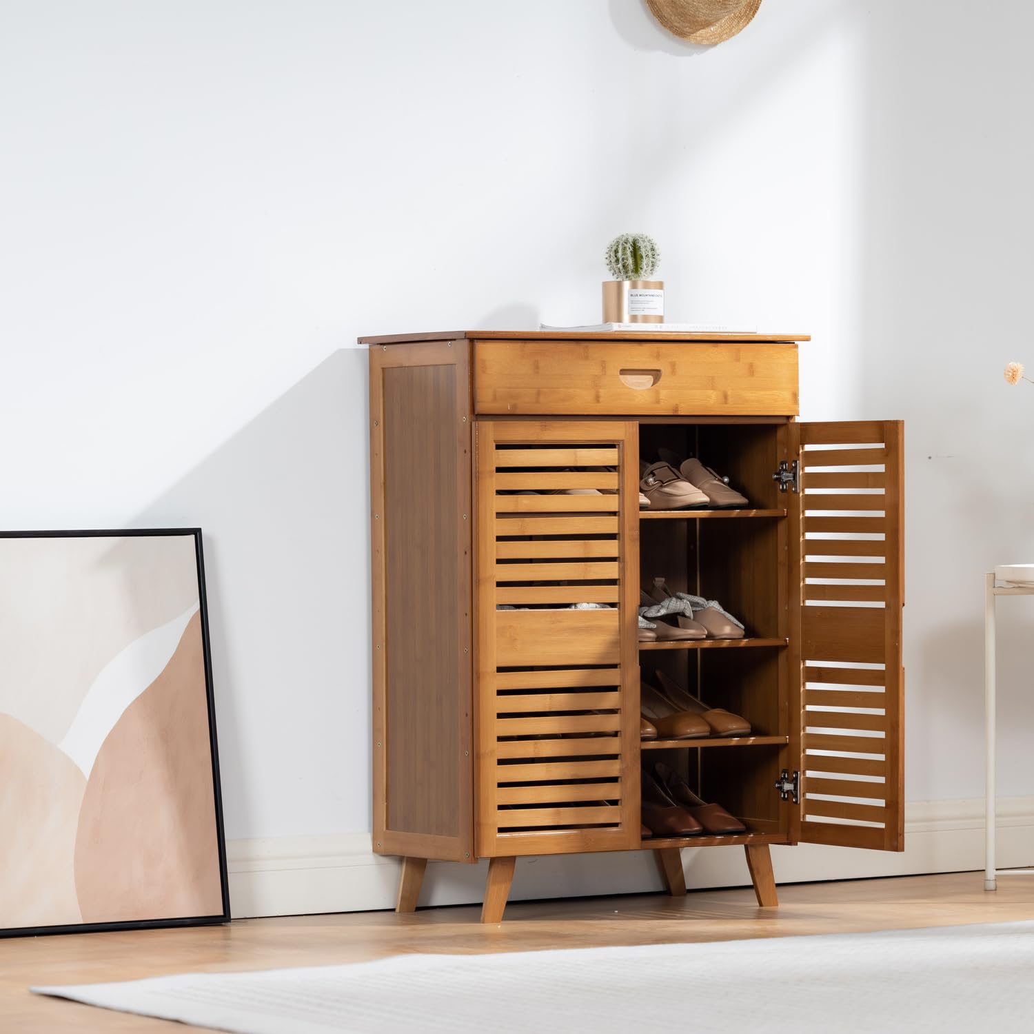 SOBIBO Shoe Storage Cabinet, Bamboo Shoe Organizer with Drawer and Doors, Shoe Cabinet with 2 Doors for Entryway, 4 Tier Shoe Storage Cabinet for Closet, Living Room, Bedroom