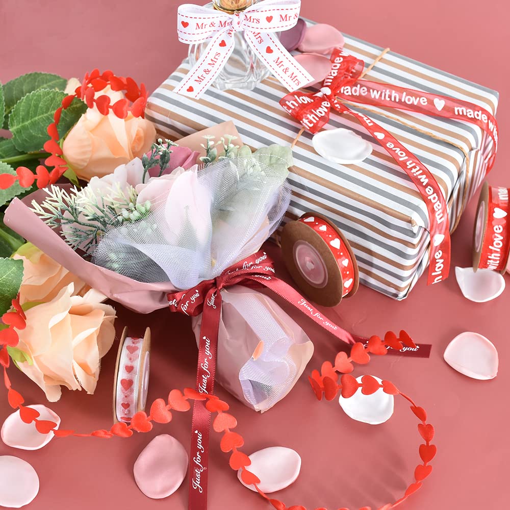 6 Rolls Valentine's Day Ribbon Set Organza Love Heart Printed Grosgrain Satin Ribbon for Wreaths Bows DIY, Gift Wrapping, Wreath, Wedding Decorations on Valentine's Day (98.4 Ft ,33Yards)