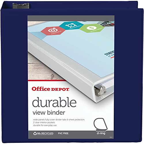 Office Depot® Brand Durable D-Ring View Binder, 3" Rings, 60% Recycled, Blue