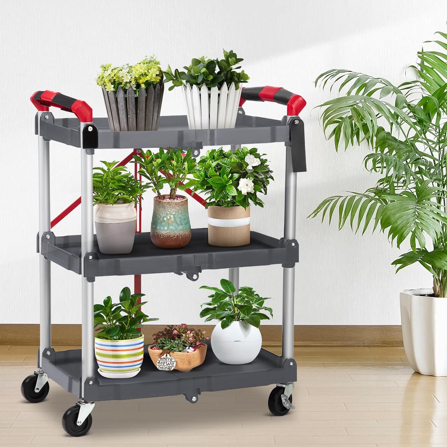 3-Tier Portable Folding Service Cart, Fold Up Rolling Cart, Collapsible Push Cart with Wheels, 56 Lbs Load Capacity per Shelf Folding Utility Carts for Home/Office/Warehouse Gery