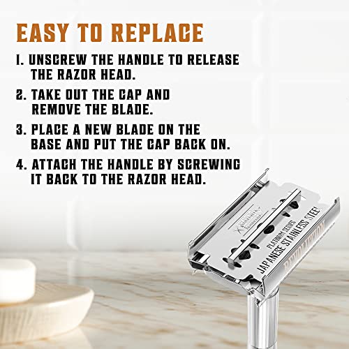 50 Count Double Edge Razor Blades - Men's Safety Razor Blades for Shaving - Platinum Japanese Stainless Steel Double Razor Shaving Blades for Men for a Smooth, Precise and Clean Shave