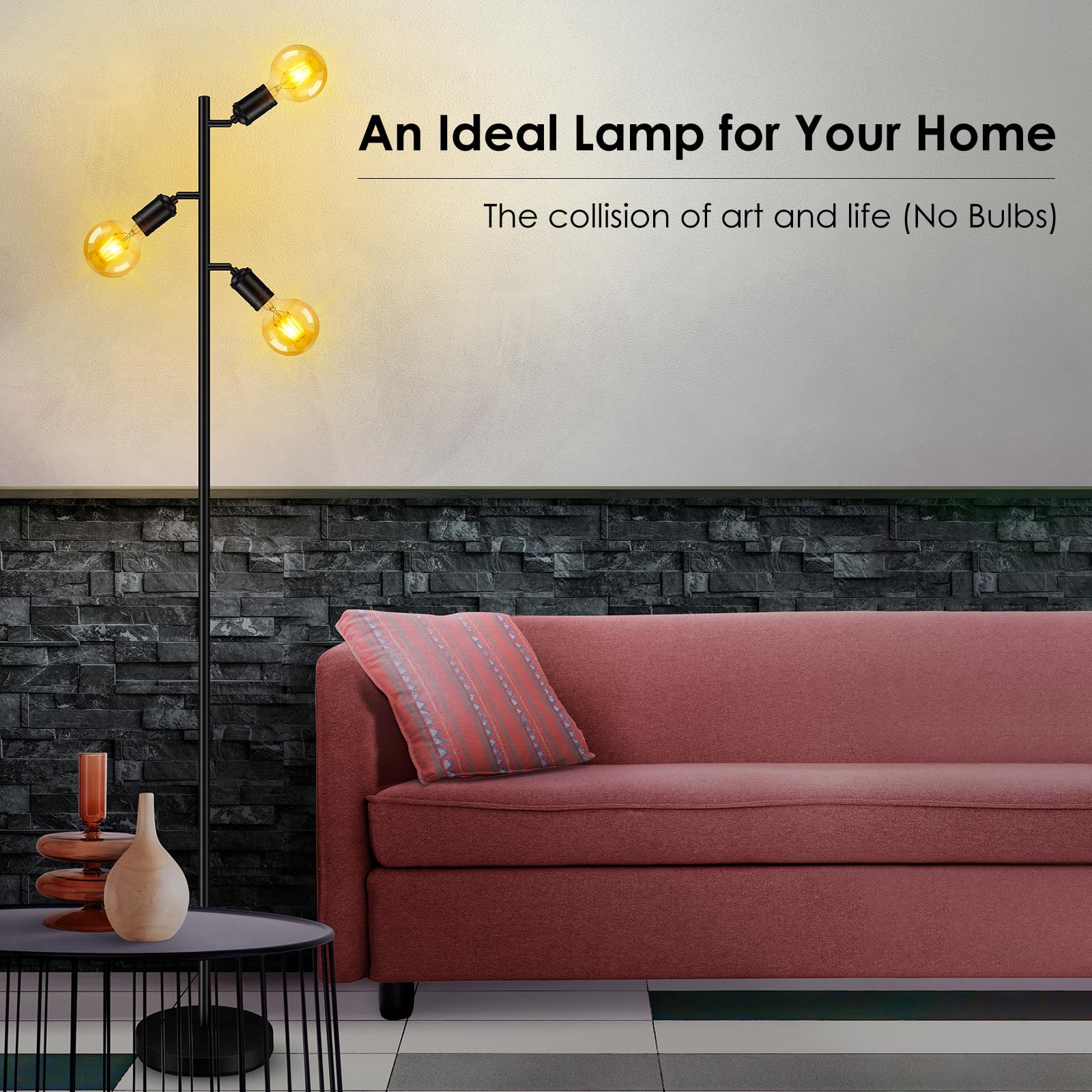 BoostArea Tree Floor Lamp, Industrial Floor Lamp, Modern Standing Lamp with Adjustable 3 Light, E26 Socket, Rotary Switch, Minimalist Metal Stand Up Lamp Pole Lamps for Living Room, Bedroom(No Bulbs)