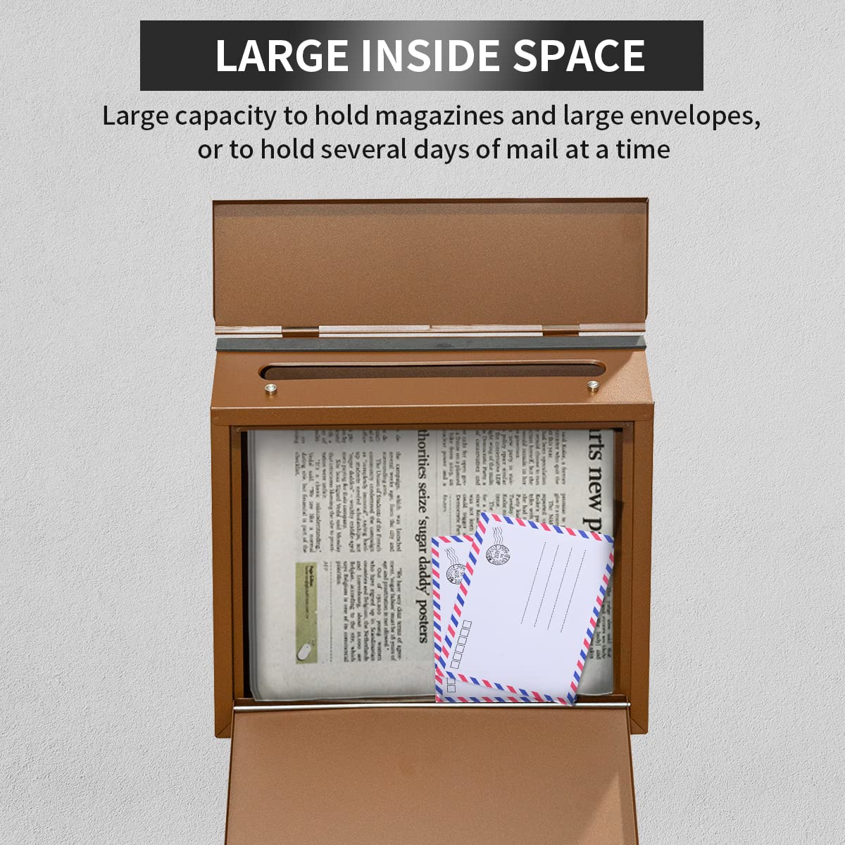 Yoocabinet Mailbox Wall Mount,Large Capacity Locking Mailbox for Outside,Galvanized Steel Cover and Rust-Proof Metal Post Box L Brown