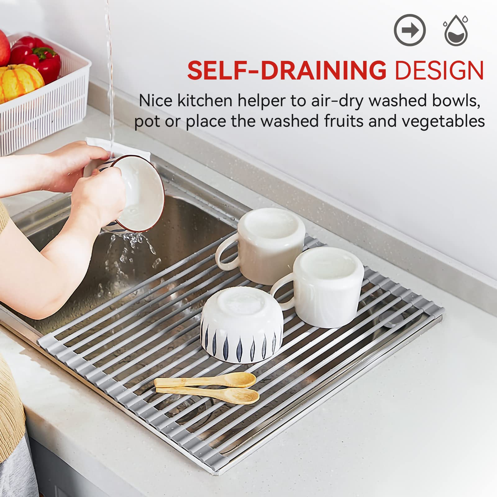 MERRYBOX Roll Up Dish Drying Rack, Over The Sink Dish Rack Foldable, Heat-Resistant, Anti-Slip Silicone Coated Steel Dish Drainer for Kitchen Counter, Multipurpose Roll Up Sink Drying Rack, 17" x 13"
