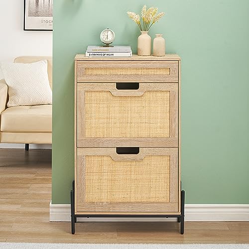 GAOMON Natural Rattan 2 Flip Door with 1 Drawer Shoe Rack Storage Cabinet, Shoe Cabinet Organizer Freestanding with 3-Tier Adjustable Shelves for Entryway, Entrance Hallway (2 Flip Doors, Oak Color)