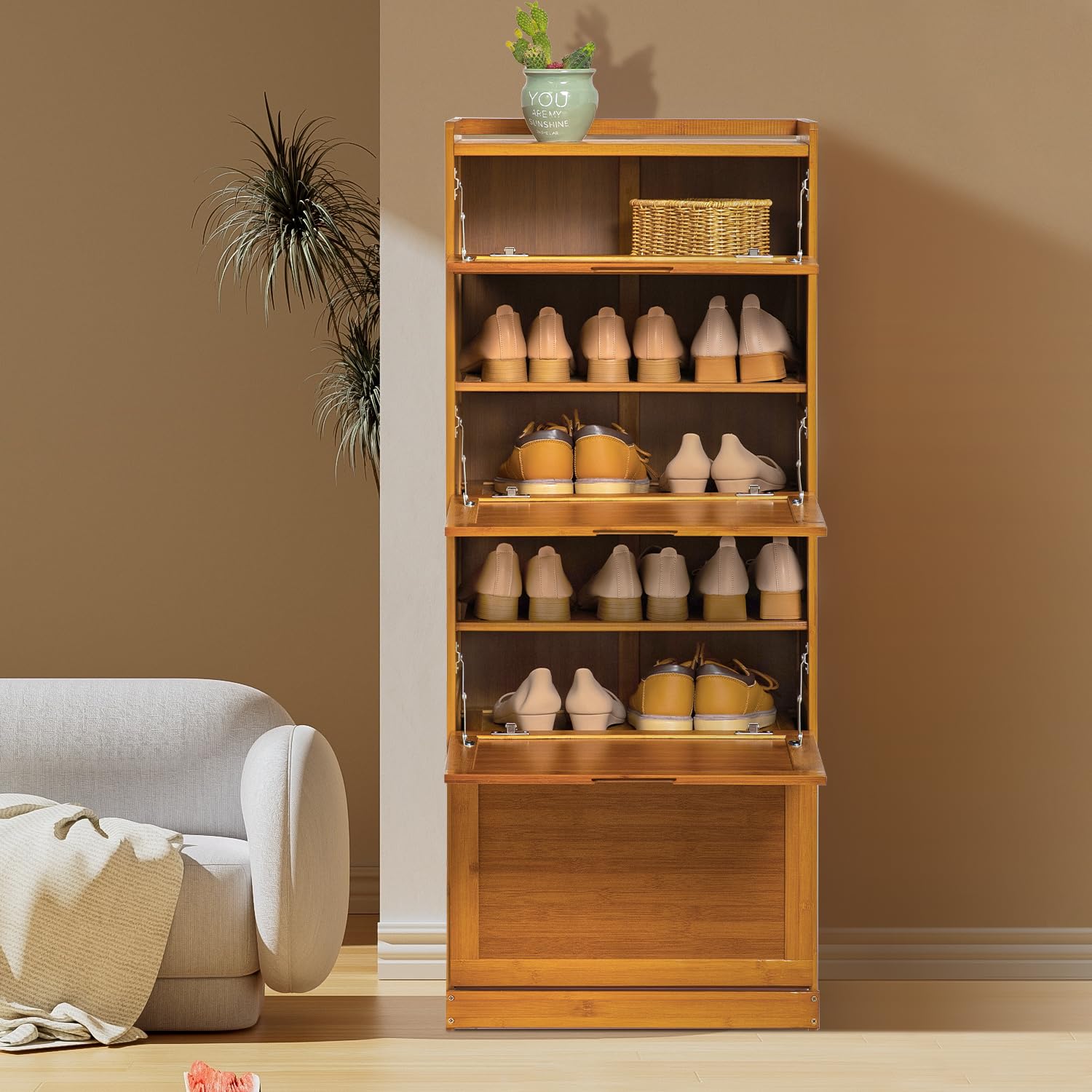 Magshion Bamboo Entryway Shoe Storage Cabinet with Pull-Down Door, 7-Tier Freestanding Shoe Cabinet Organizer for Hallway Entryway, for Convenient Shoe Organization (Brown)