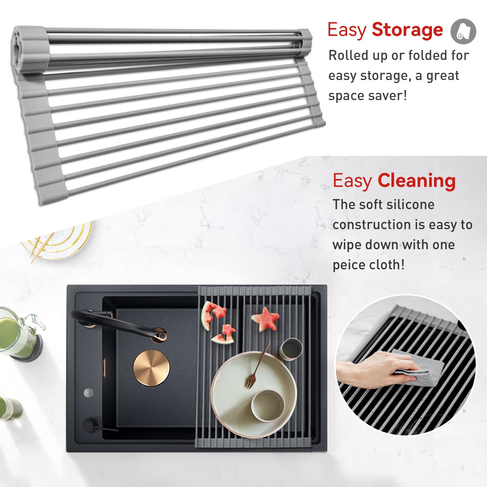 MERRYBOX Roll Up Dish Drying Rack, Over The Sink Dish Rack Foldable, Heat-Resistant, Anti-Slip Silicone Coated Steel Dish Drainer for Kitchen Counter, Multipurpose Roll Up Sink Drying Rack, 17" x 13"