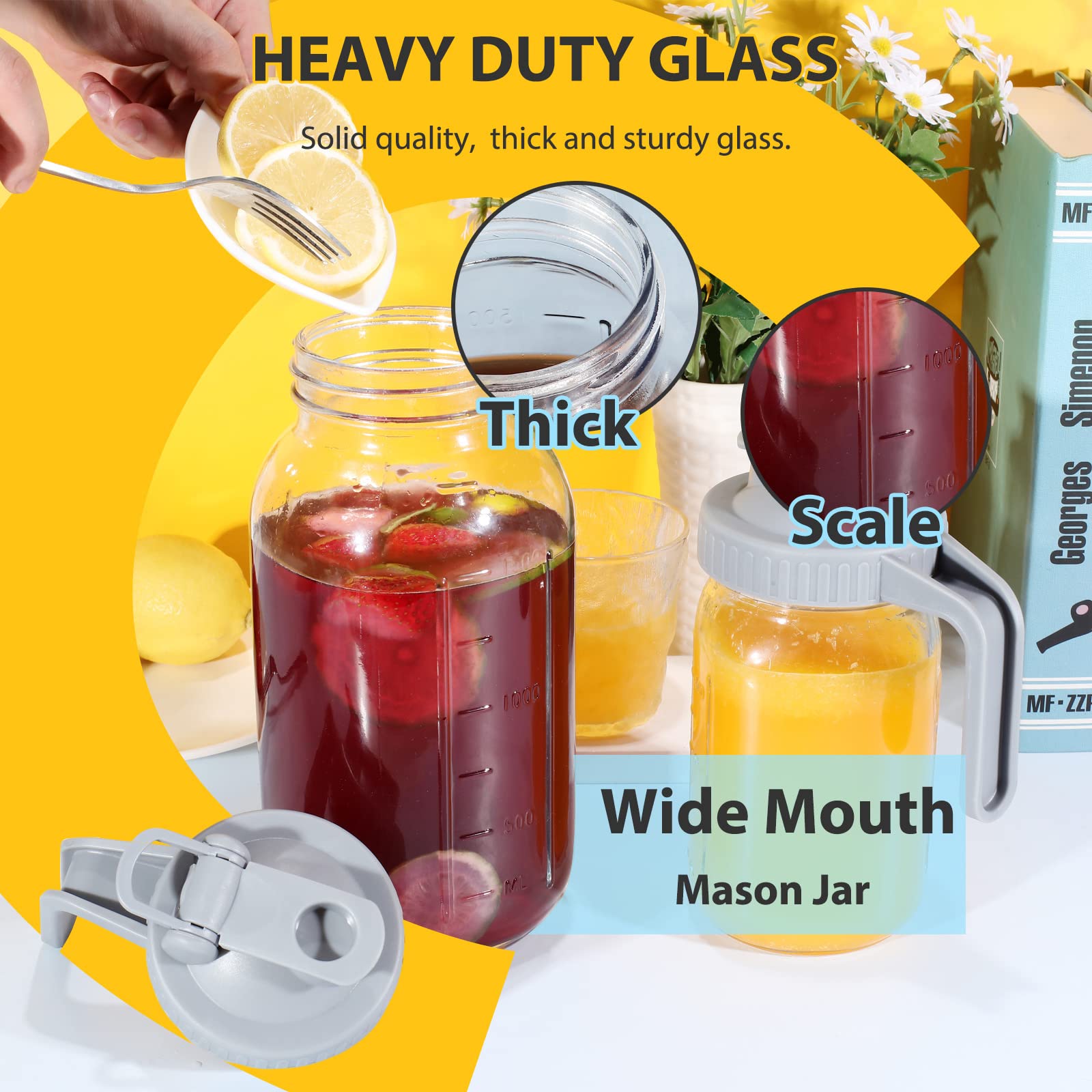 Glyntrof Mason Jar Glass Pitcher, 64 Oz Heavy Duty Filter Water Jug with Pour Spout Handle Lid for Storage Cold Brew Coffee, Ice Beverage, Iced Milk, Juice, Lemonade, Sun Tea, Fruit Tea