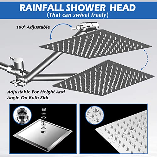 Shower Head,8”Rain Shower Head with Handheld Spray Combo with ON/OFF Pause Switch and 11'' Angle Adjustable Extension Arm/Flow Regulator,Shower Heads High Pressure Easy to Clean Bathtub,Chrome