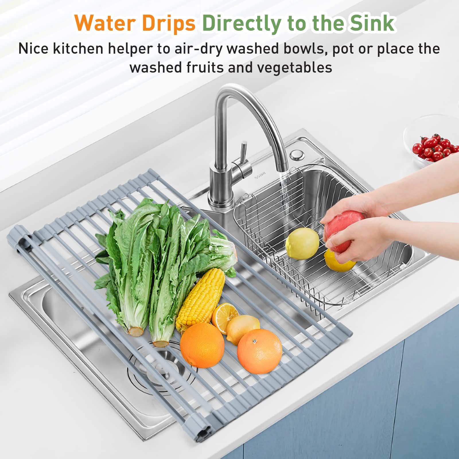 MERRYBOX Roll Up Dish Drying Rack, Over The Sink Dish Rack Foldable, Heat-Resistant, Anti-Slip Silicone Coated Steel Dish Drainer for Kitchen Counter, Multipurpose Roll Up Sink Drying Rack, 17" x 13"