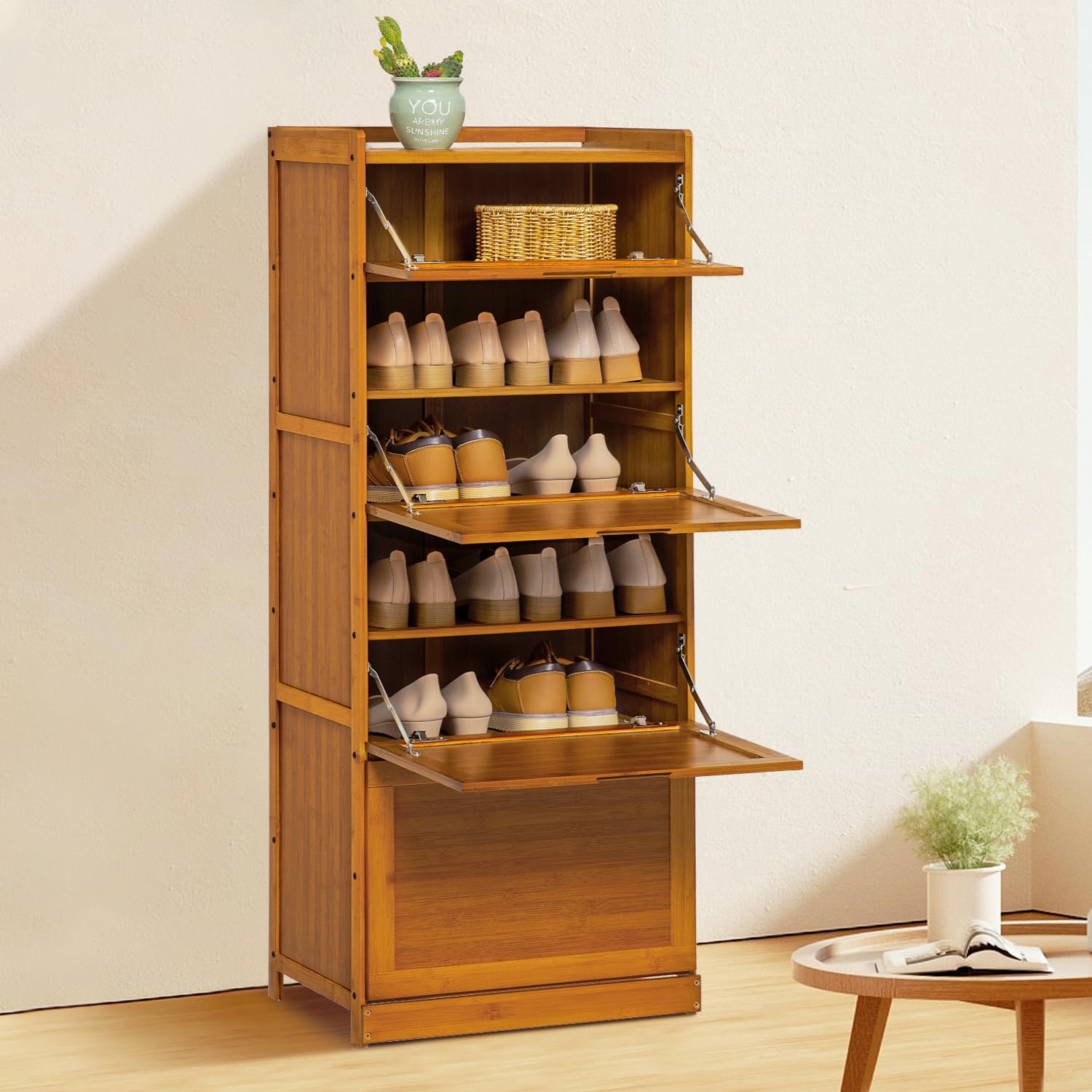 Magshion Bamboo Entryway Shoe Storage Cabinet with Pull-Down Door, 7-Tier Freestanding Shoe Cabinet Organizer for Hallway Entryway, for Convenient Shoe Organization (Brown)