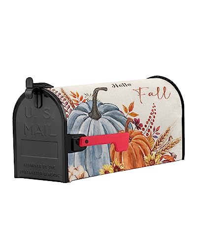 Hello Fall Magnetic Mailbox Cover Oversized 21"x25.5" Rustic Orange Blue Pumpkims Leaves Flowers Thanksgiving Post Box Cover Mailbox Wraps Post Letter Box Cover for Holiday Garden Yard Outdoor Decor
