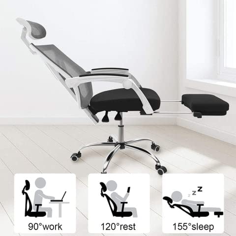 Hbada Ergonomic Office Chair High Back Desk Chair Recliner Chair with Lumbar Support Height Adjustable Seat, Headrest- Breathable Mesh Back Soft Foam Seat Cushion with Footrest, White
