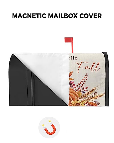 Hello Fall Magnetic Mailbox Cover Oversized 21"x25.5" Rustic Orange Blue Pumpkims Leaves Flowers Thanksgiving Post Box Cover Mailbox Wraps Post Letter Box Cover for Holiday Garden Yard Outdoor Decor