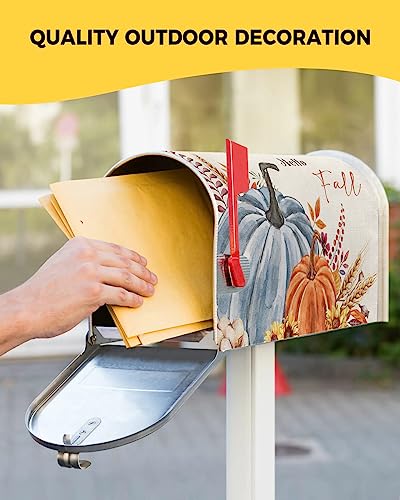 Hello Fall Magnetic Mailbox Cover Oversized 21"x25.5" Rustic Orange Blue Pumpkims Leaves Flowers Thanksgiving Post Box Cover Mailbox Wraps Post Letter Box Cover for Holiday Garden Yard Outdoor Decor