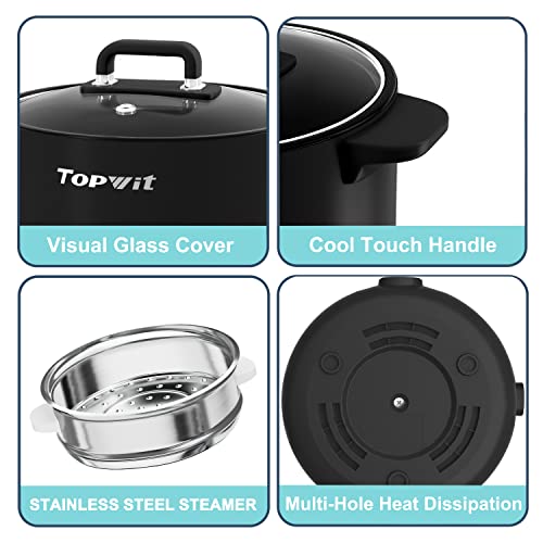 Topwit Electric Pot with Steamer, 1.5L Non-stick Ramen Cooker, Hot Pot Electric, Electric Pot for Cooking Pasta, Noodles, Steak, Egg, Portable Pot with Dual Power Control, Dorm Room Essentials, Black…