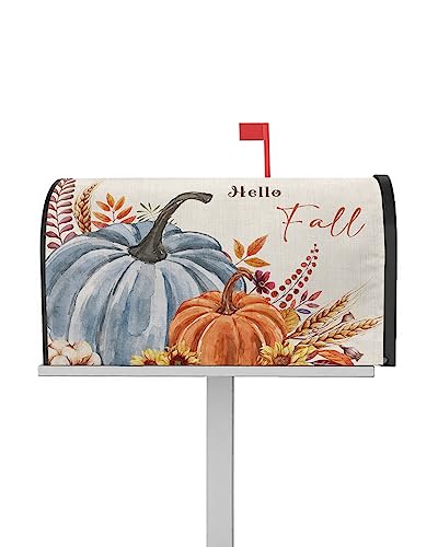 Hello Fall Magnetic Mailbox Cover Oversized 21"x25.5" Rustic Orange Blue Pumpkims Leaves Flowers Thanksgiving Post Box Cover Mailbox Wraps Post Letter Box Cover for Holiday Garden Yard Outdoor Decor