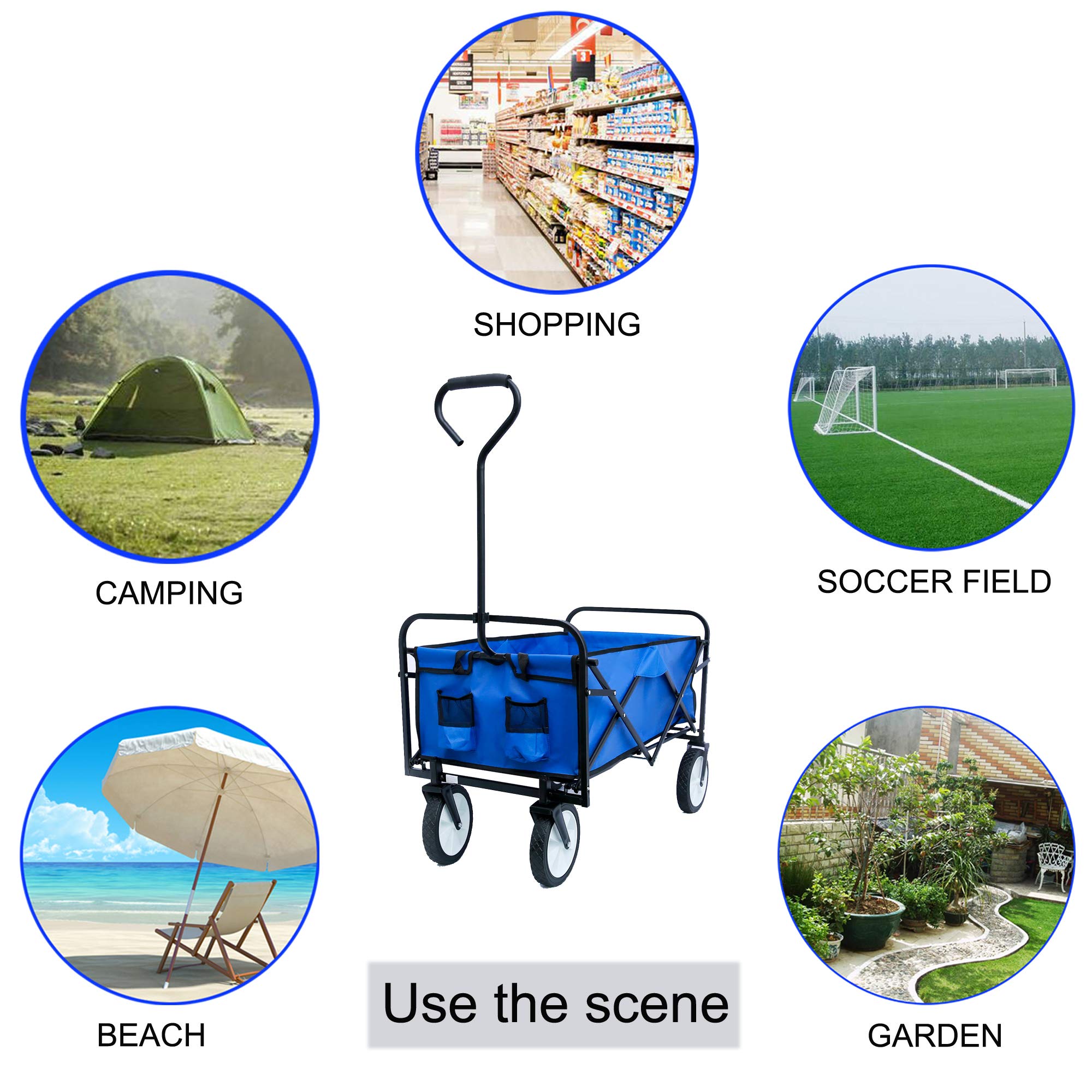 Versatile Folding Beach Wagon Cart with Wheels, Cargo Net, and Straps - Heavy Duty, Collapsible, Portable Utility Cart for Shopping, Camping, Gardening, and More (1, Blue + Steel)
