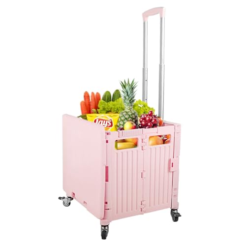 130LB Shopping Cart Folding Utility Cart Collapsible Shopping Handcart w/4 Wheels Rolling (Pink)