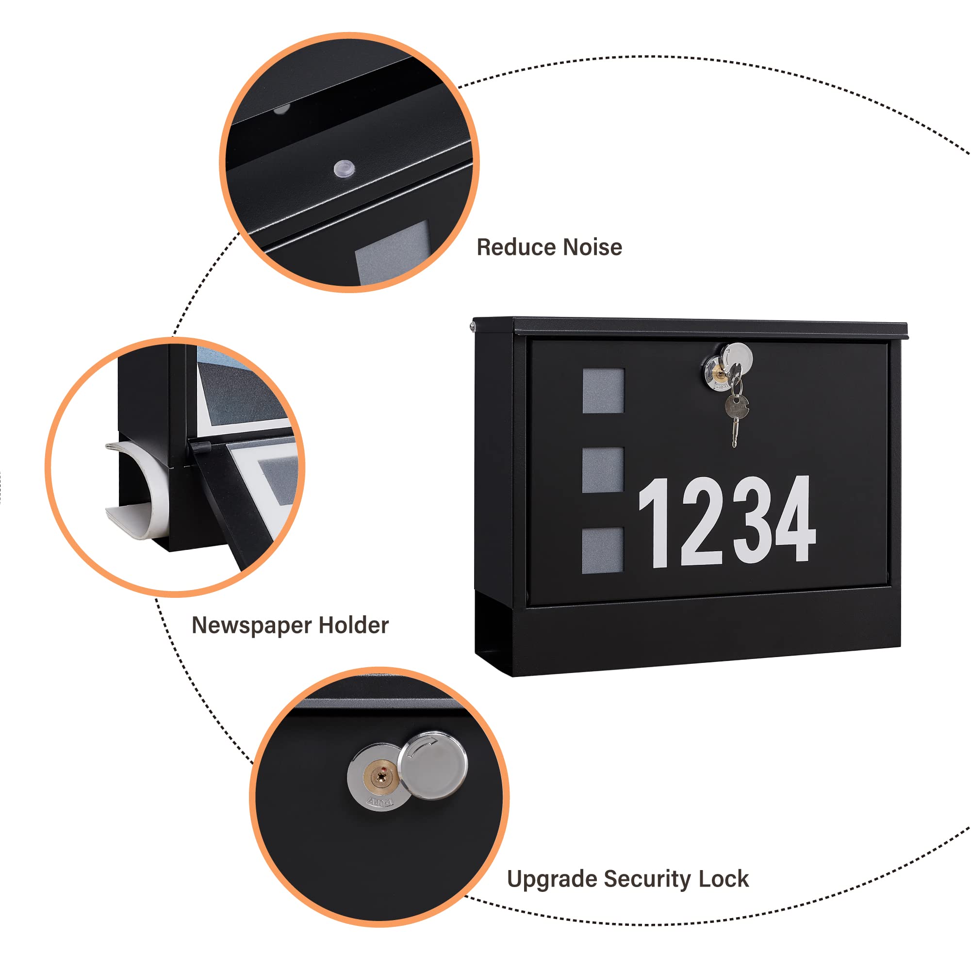 LAND·VOI Locking Mailbox Wall Mounted, Metal Postbox with Three Sets of Mail Box Number Stickers, 4 Keys, 14.4" x 4.5" x 11.2", Large Capacity, Black, AMB11B