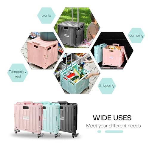 130LB Shopping Cart Folding Utility Cart Collapsible Shopping Handcart w/4 Wheels Rolling (Pink)