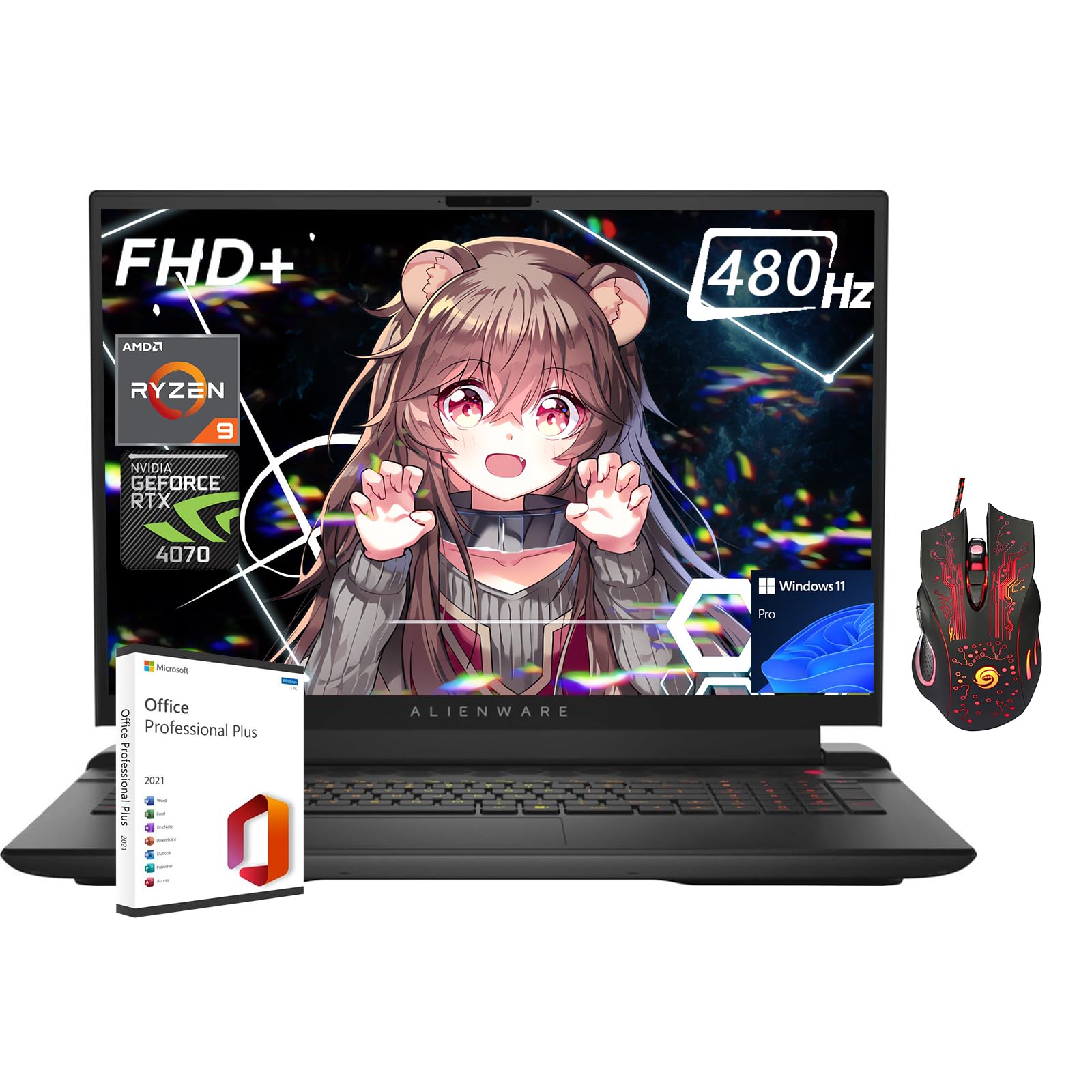 Alienware 2024 M18 Gaming Laptop, 18" FHD+ 480Hz Display, AMD Ryzen 9-7845HX, NVIDIA GeForce RTX 4070, 64GB DDR5, 2TB SSD, Wi-Fi 6, Windows 11 Pro, with Microsoft Office Lifetime License&Gaming Mouse