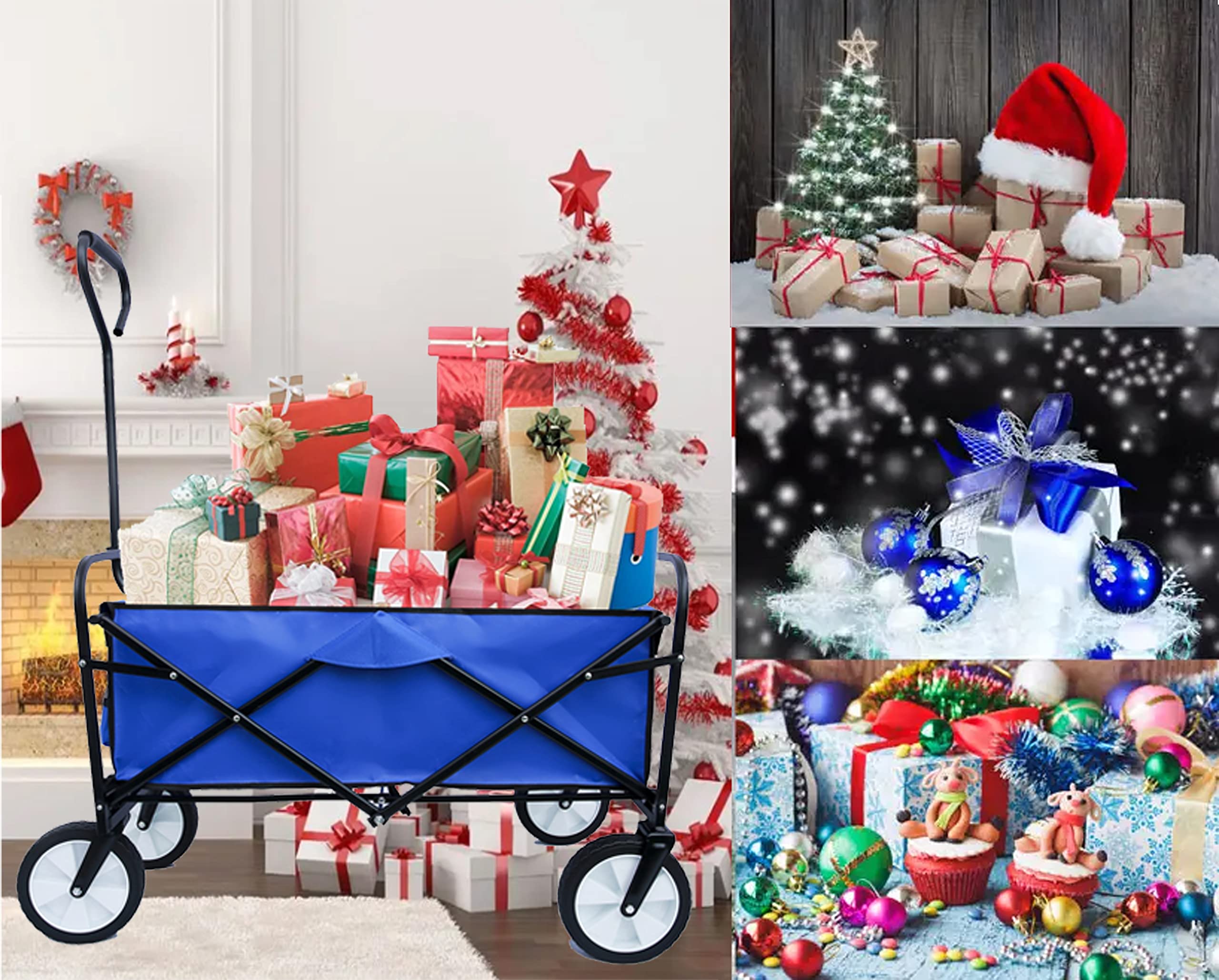 Versatile Folding Beach Wagon Cart with Wheels, Cargo Net, and Straps - Heavy Duty, Collapsible, Portable Utility Cart for Shopping, Camping, Gardening, and More (1, Blue + Steel)